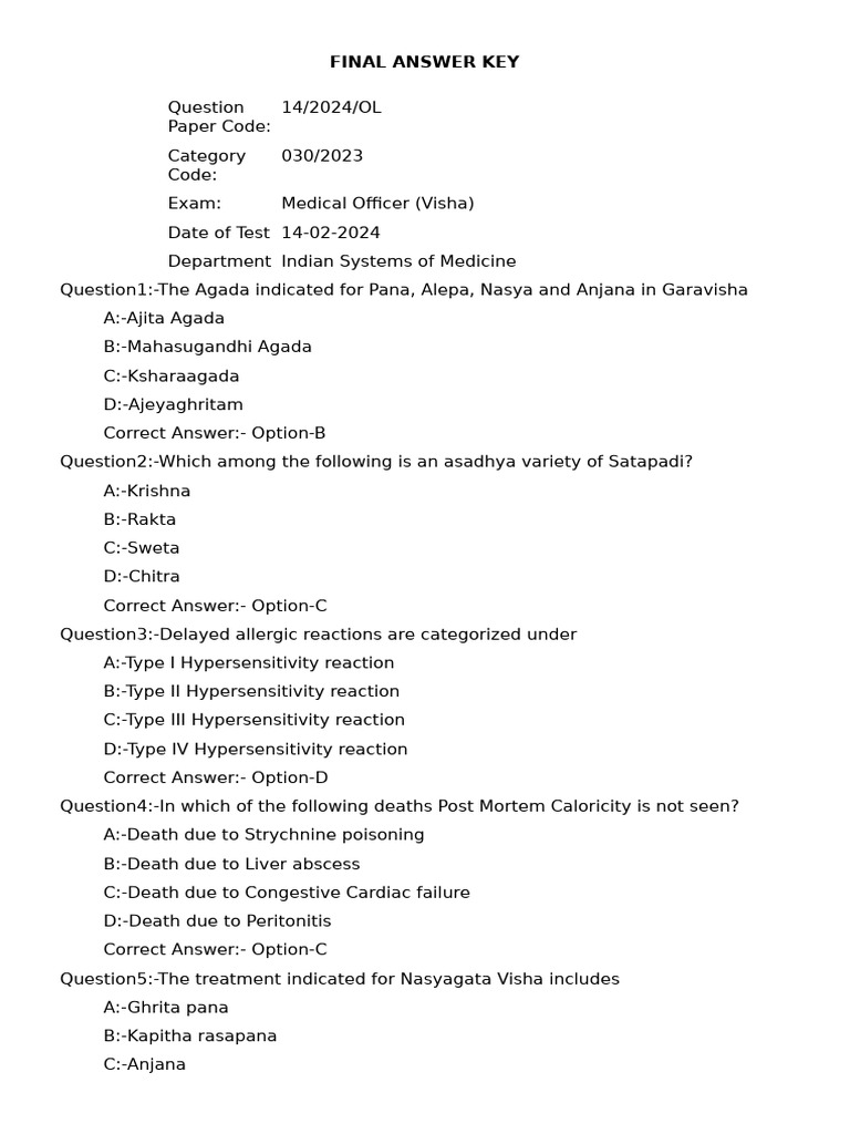 Final Answer Key - Medical Officer Visha | PDF | Ayurveda | Vomiting