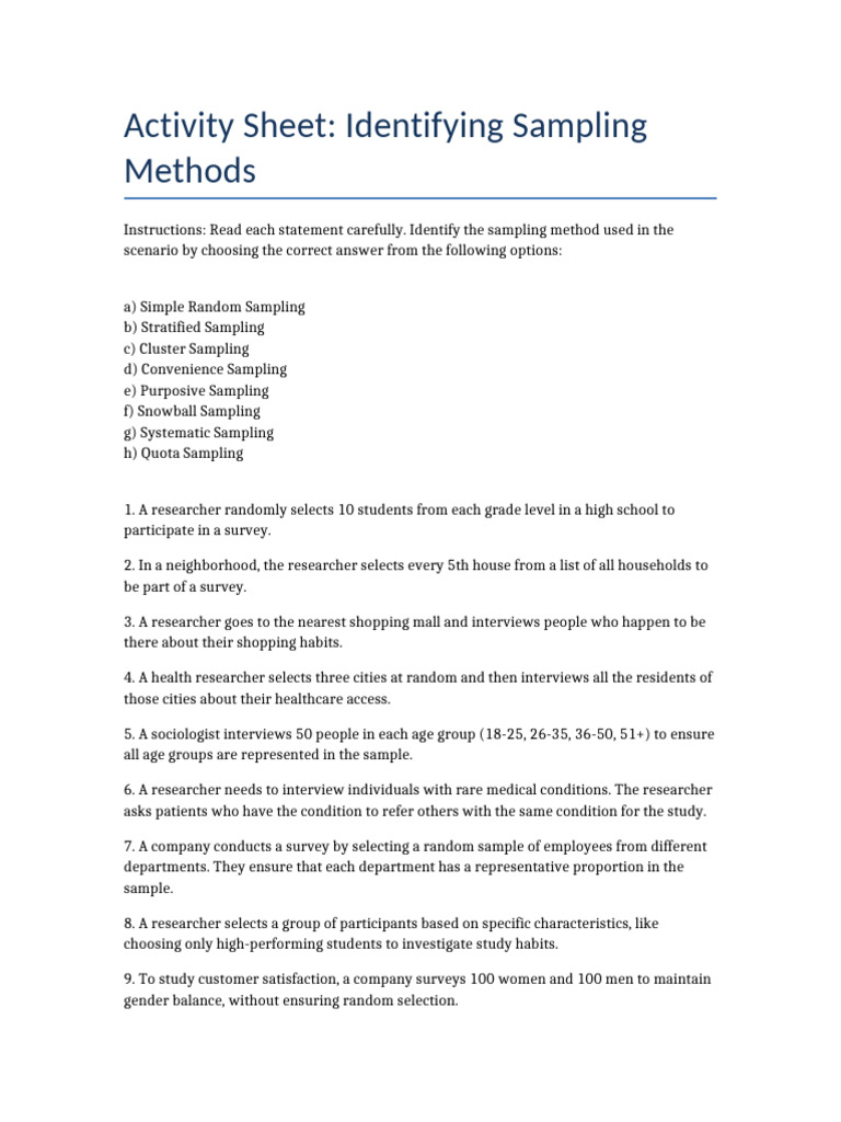 Sampling Methods Activity Sheet | PDF