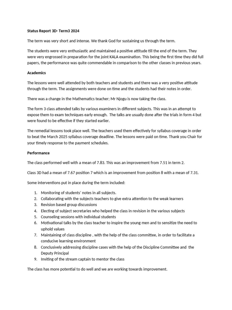 3D Class Status Report Term 3 2024 | PDF | Teachers | Learning