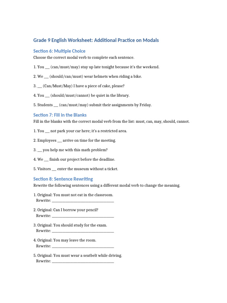 Grade 9 Modals Additional Worksheet | PDF | Linguistic Typology | Linguistic Morphology