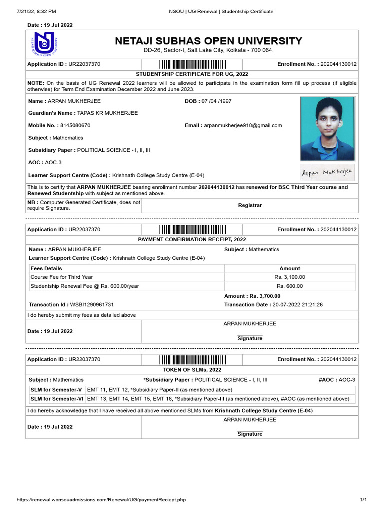 NSOU - UG Renewal - Studentship Certificate | PDF | Finance & Money Management
