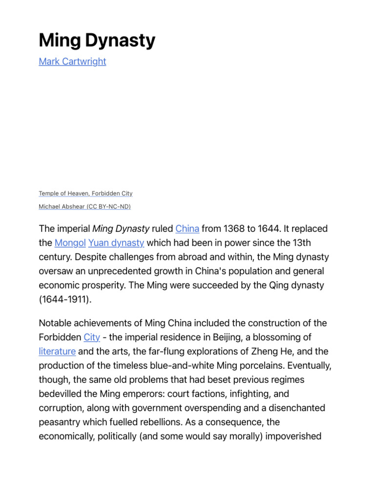 Ming Dynasty - World History Encyclopedia | PDF | Qing Dynasty | China