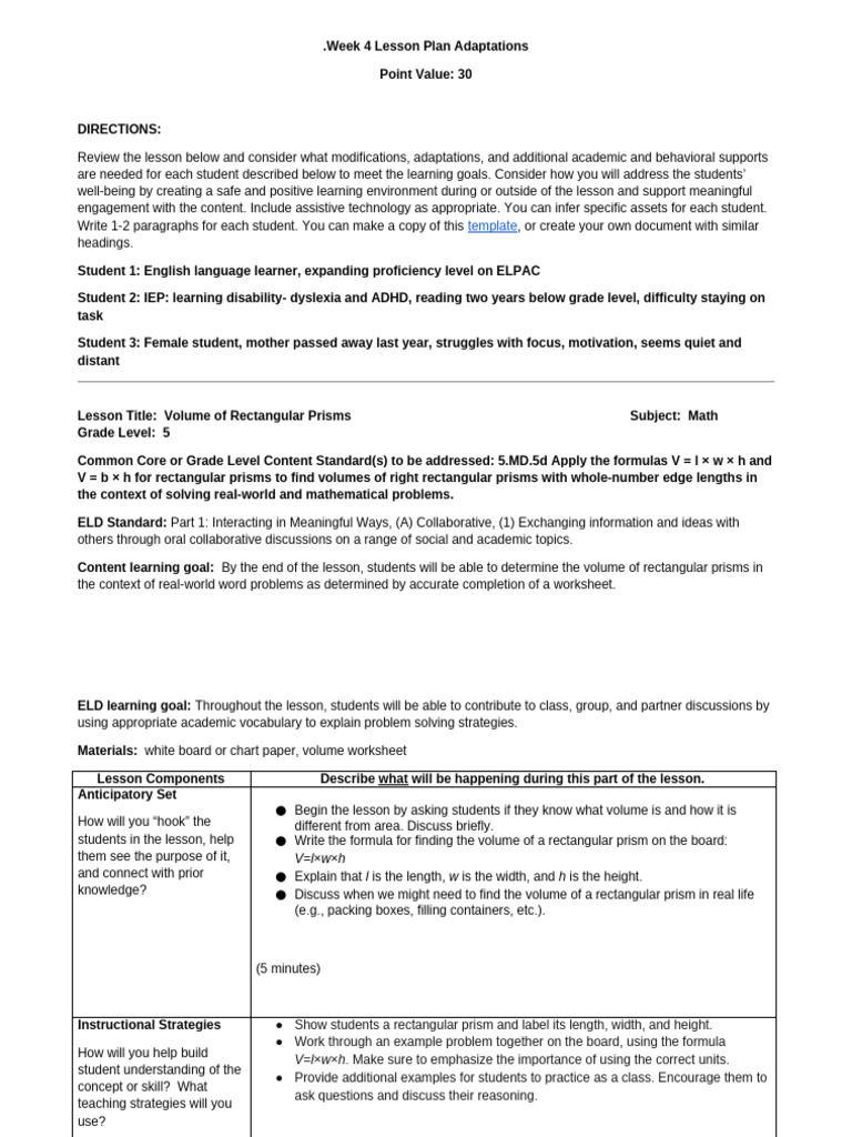 Week 4 Lesson Plan Adaptations | PDF | Learning | Learning Disability