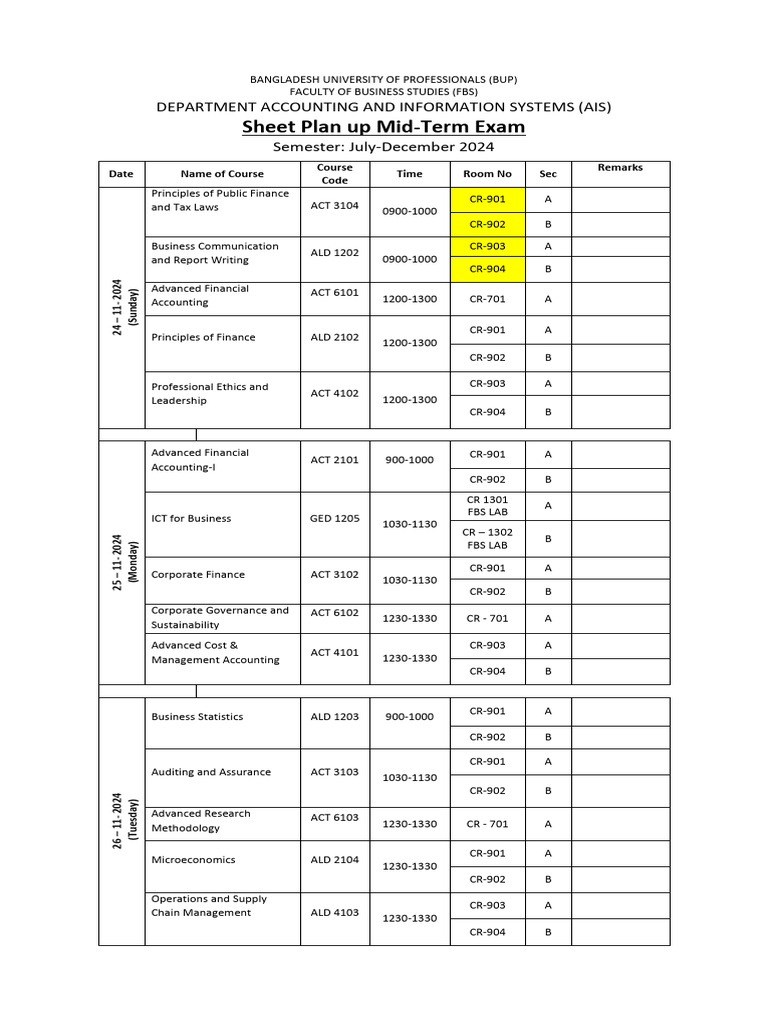 BUP Mid-Term Exam Schedule 2024 | PDF | Accounting | Economies