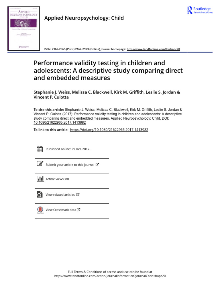 Performance Validity Testing in Children and Adolescents (Weiss2017 ...