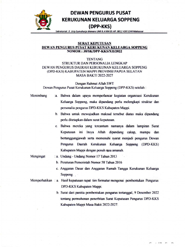 SK Pengurus DPP-KKS Kabupaten Mappi | PDF