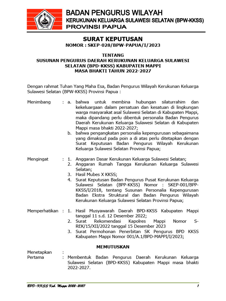 SK - BPD-KKSS Kabupaten Mappi Periode 2023-2027 | PDF