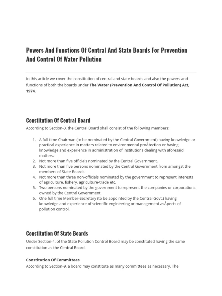 Powers and Functions of Central and State Boards For Prevention and ...