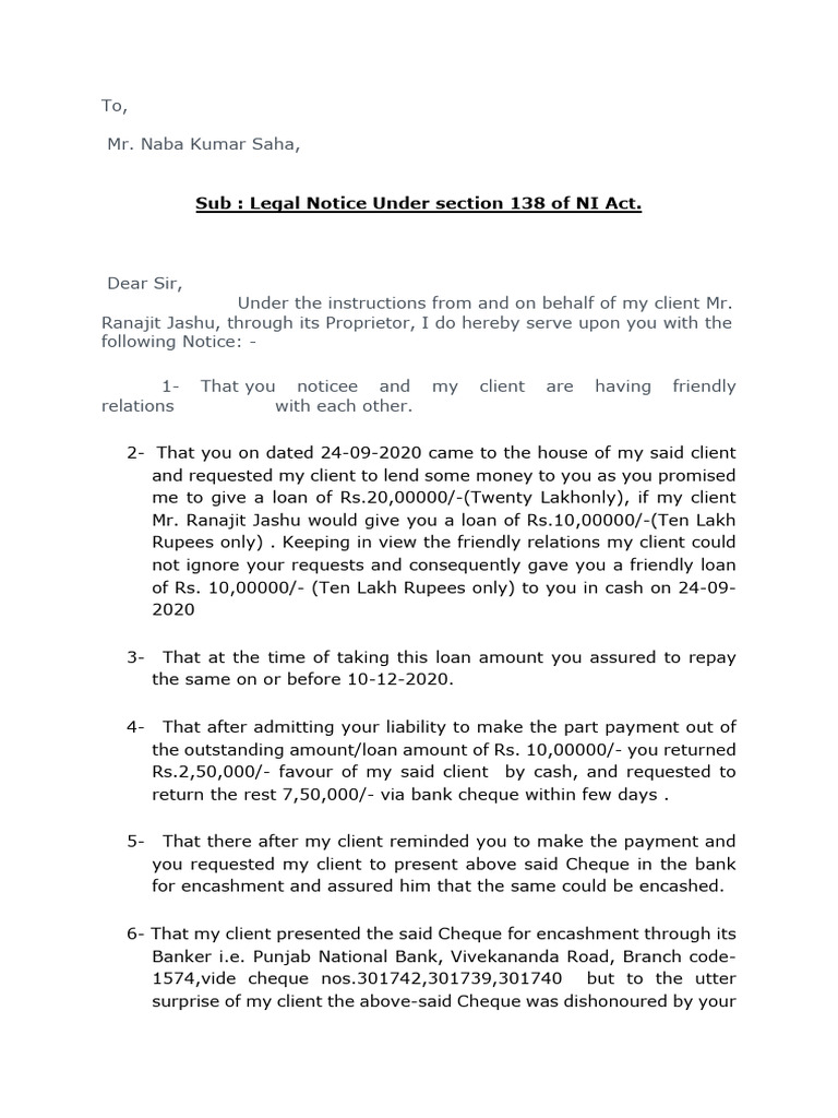 Legal Notice for Cheque Bounce | PDF | Cheque | Banks