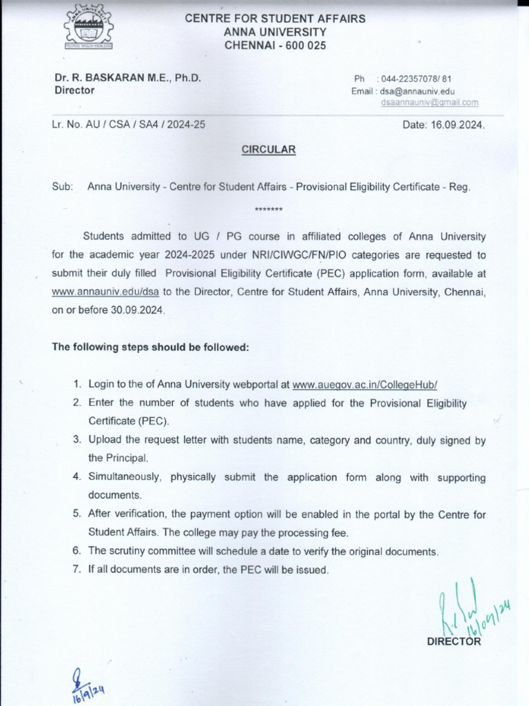 Circular & Application For PEC 2024-25 | PDF | Government And Personhood