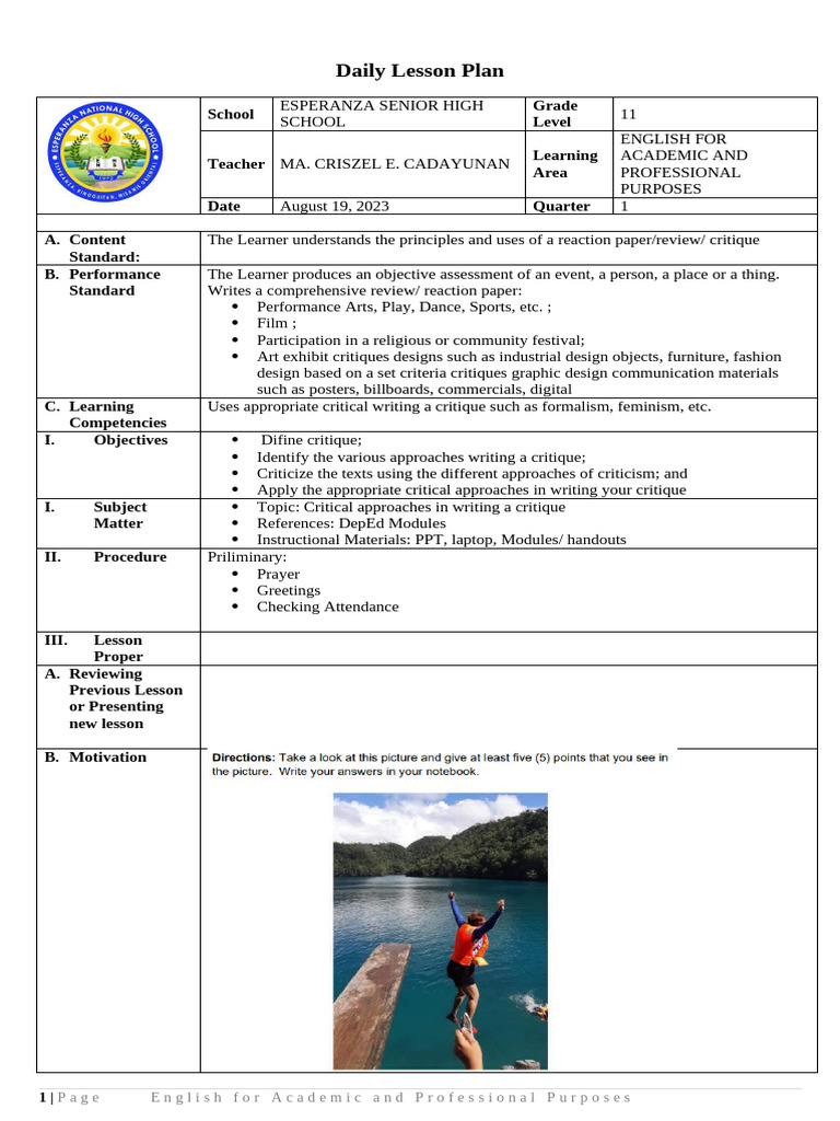EAPP DLP MOD. 5 | PDF | Learning | Lesson Plan EAPP DLP MOD. 5 | PDF | Learning | Lesson Plan