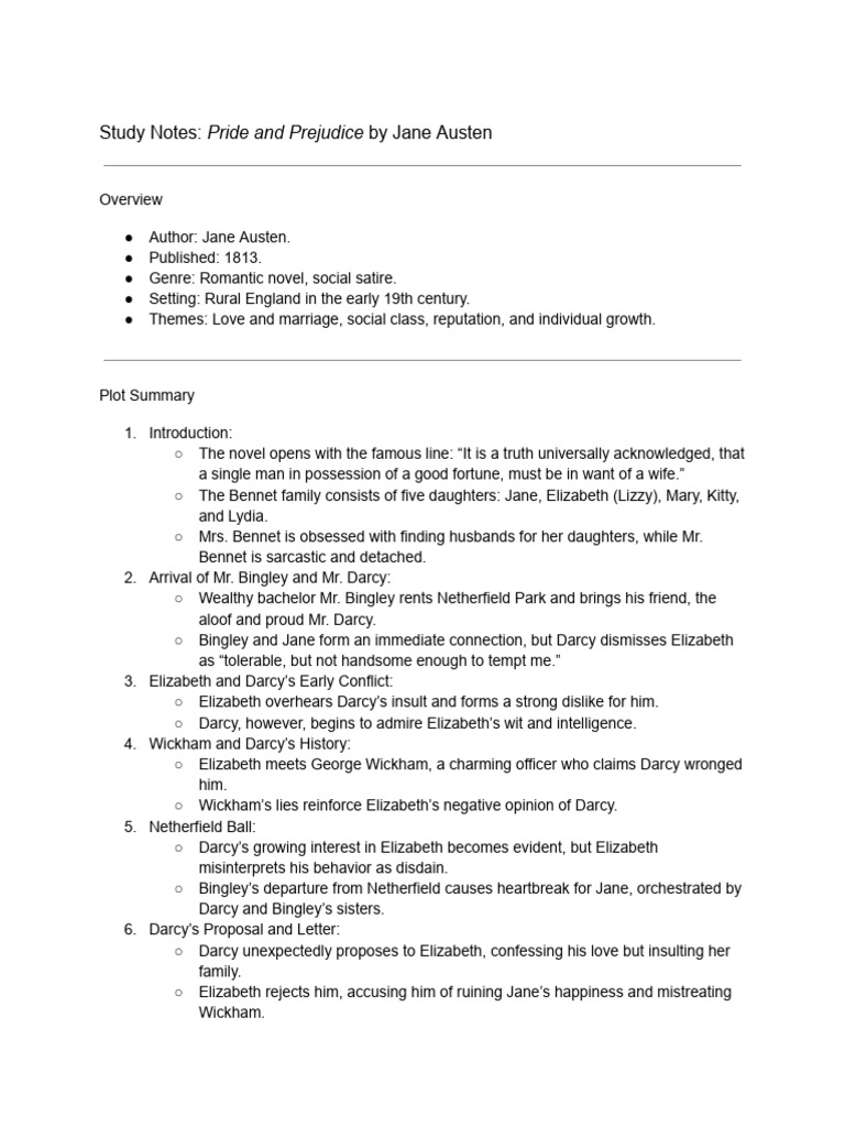 Pride and Prejudice Study Notes | PDF | Mr. Darcy | Pride And Prejudice