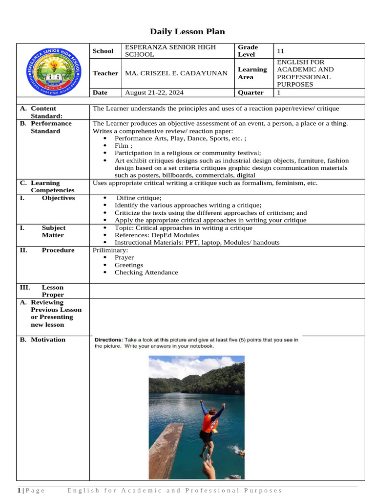 EAPP DLP MOD. 6 | PDF | Learning | Lesson Plan