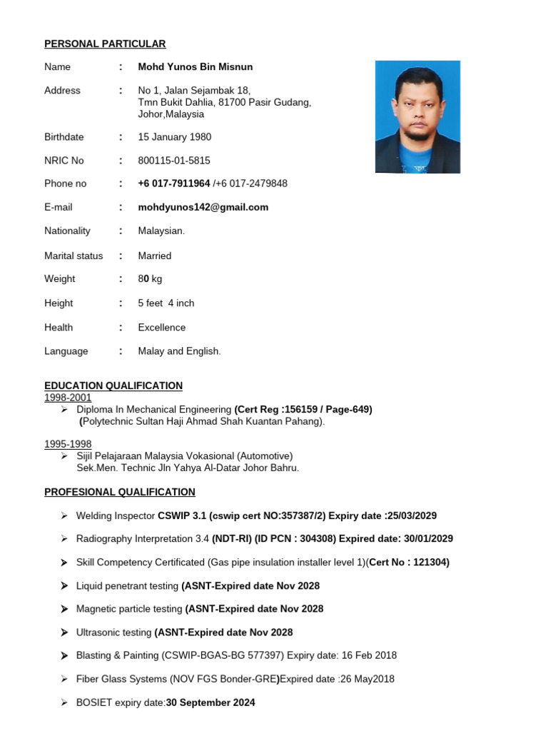 CV - Mohd Yunos Welding Inspector | PDF | Applied And Interdisciplinary Physics | Mechanical ...