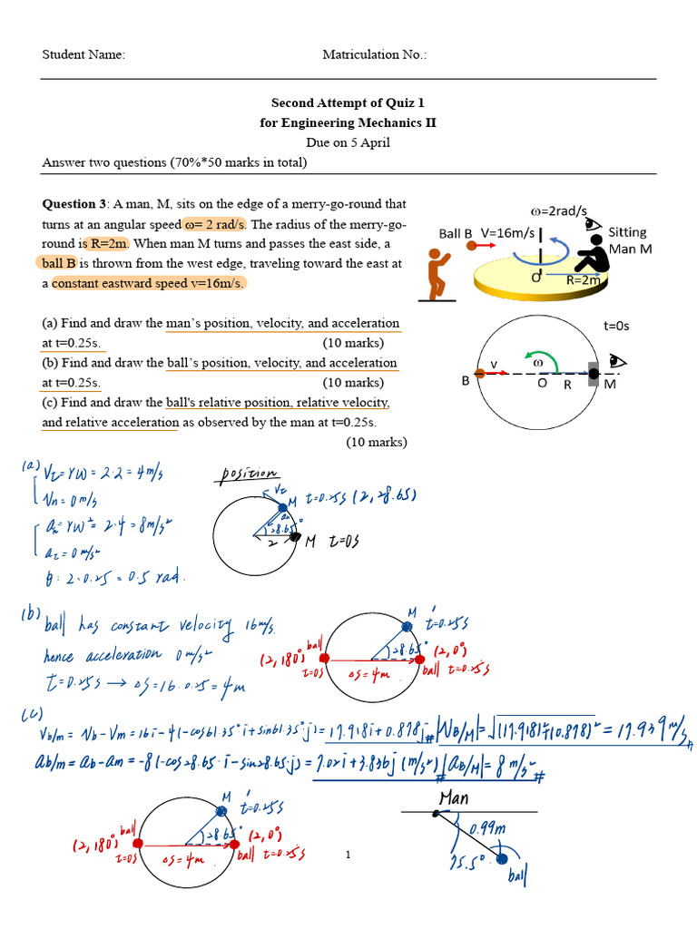 Engineering Mechanics II Quiz 1 Solutions | PDF | Acceleration | Spacetime