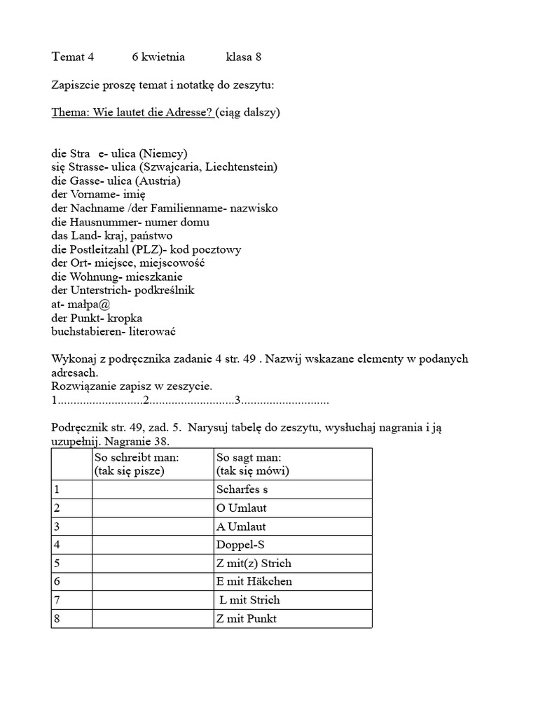 Temat 4 J. Niemiecki KL 8. | PDF