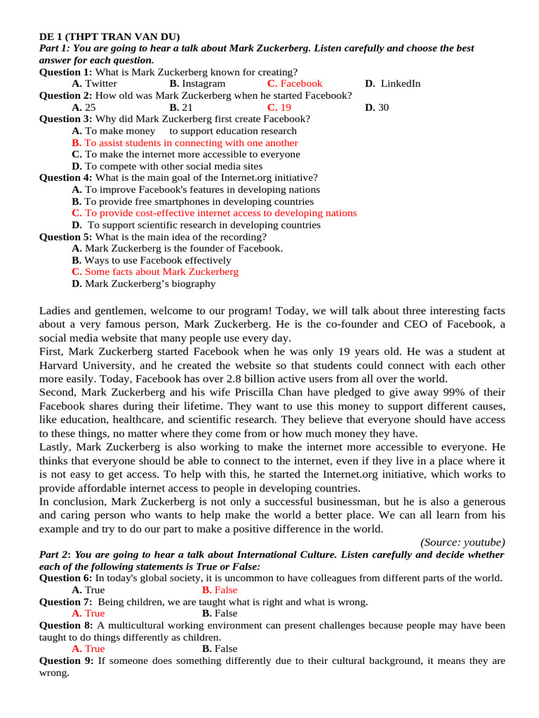 Dap An Listening Gki 1 Khoi 12 | PDF | Marie Curie | The Walt Disney ...