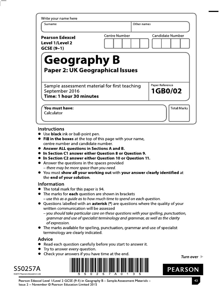Specimen QP - Paper 2 Edexcel (B) Geography GCSE | PDF | Technology ...