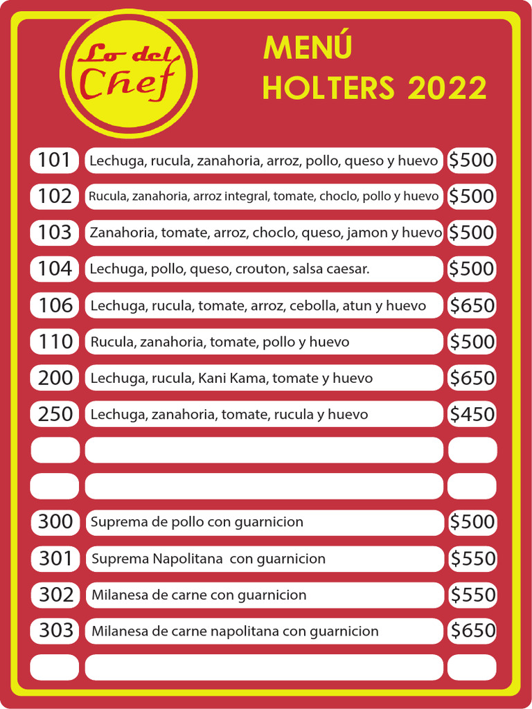 Menú Holters 2022: Platos y Precios | PDF