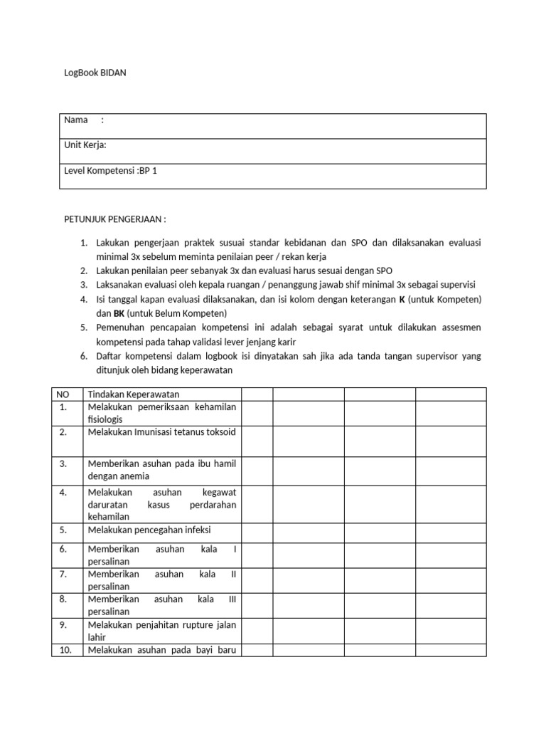 LogBook Kompetensi Bidan BP 1 | PDF | Sains & Matematika