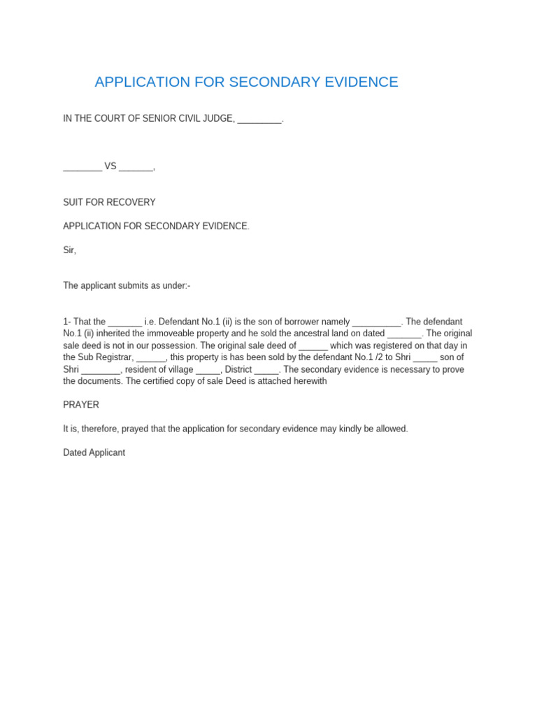 Application For Secondary Evidence | PDF