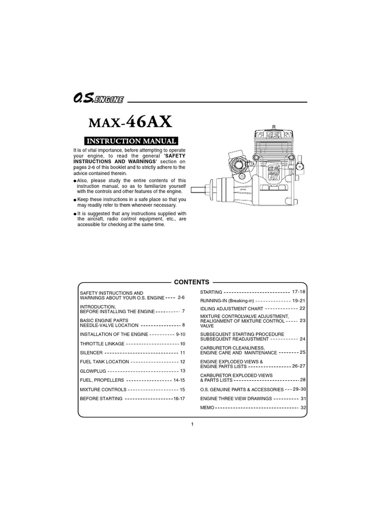 O.S. 46 AX Engine Safety Manual | PDF | Carburetor | Engine Technology