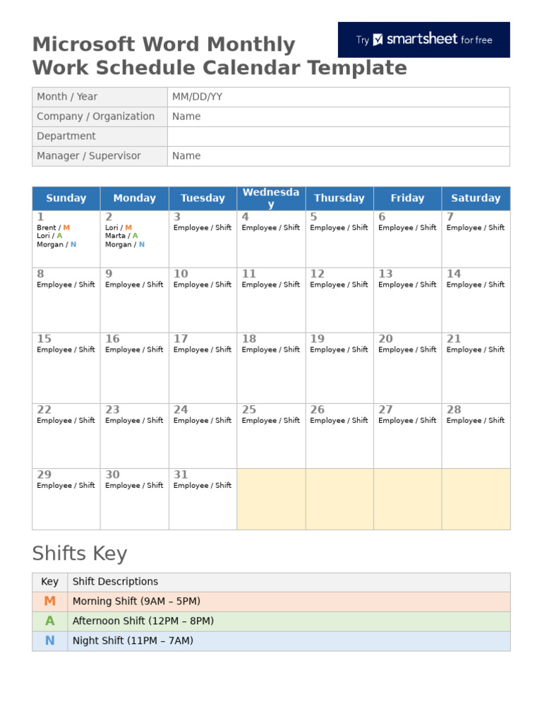 Ic Microsoft Word Monthly Work Schedule Calendar Template 12209 - Word ...