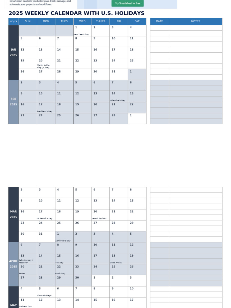 2025 Weekly Calendar with Holidays | PDF | Holidays | Observances