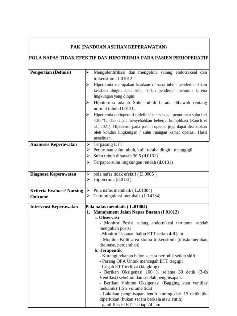 Askep Kel 1 Pak Pola Napas Tidak Efektif Danhipotermia Pada Pasien Perioperatif | PDF