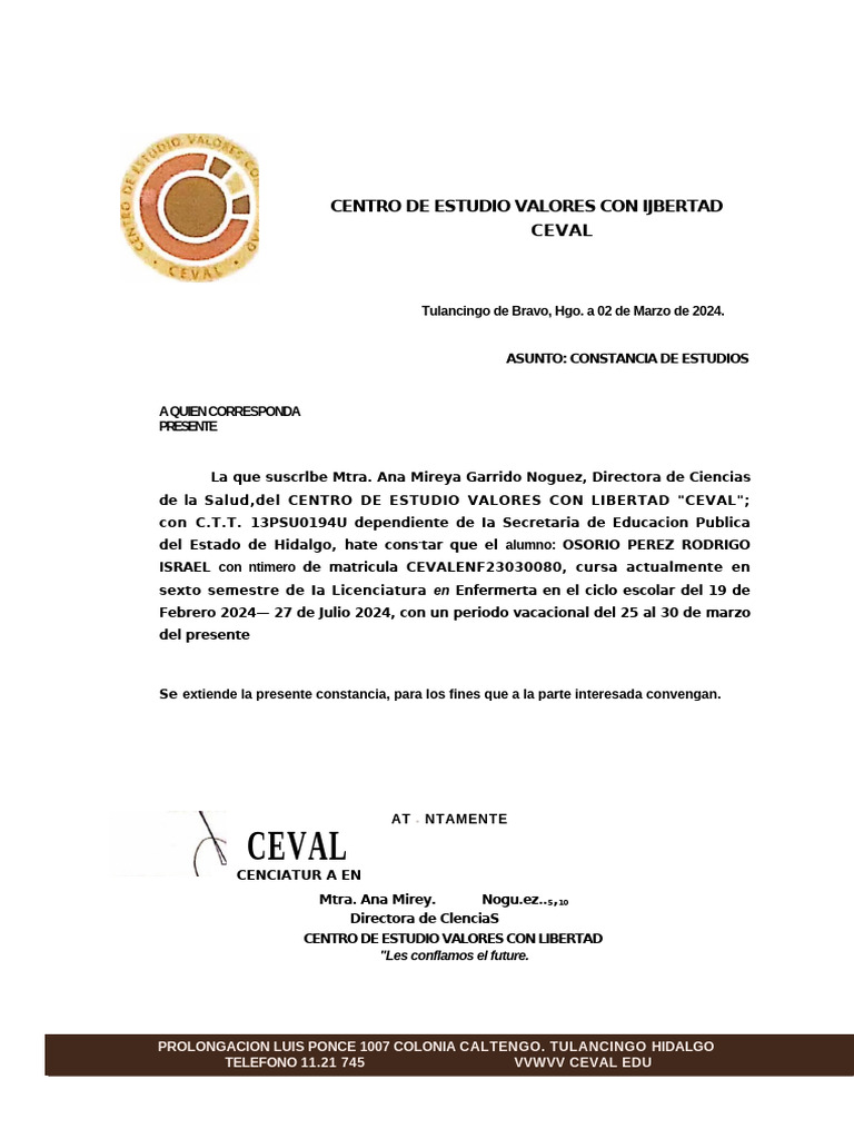 Constancia de Estudios CEVAL Tulancingo | PDF