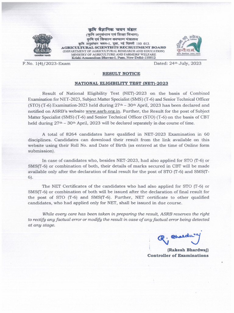 Result Notice NET 2023 | PDF