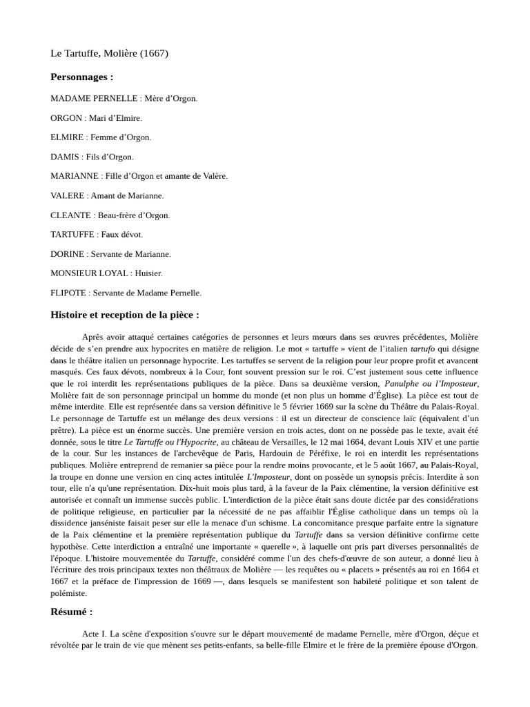 Fiche de Lecture - Le Tartuffe, Molière | PDF | Jeunes adultes | Classiques