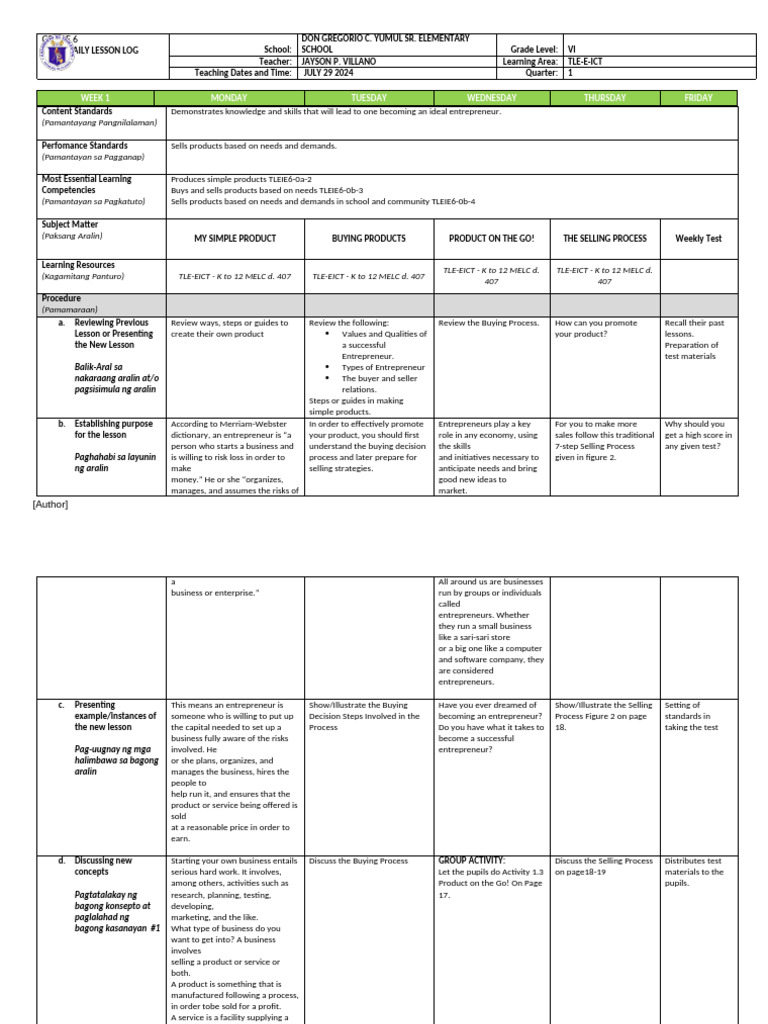 Grade 6 TLE-EICT Lesson Plan | PDF | Sales | Entrepreneurship