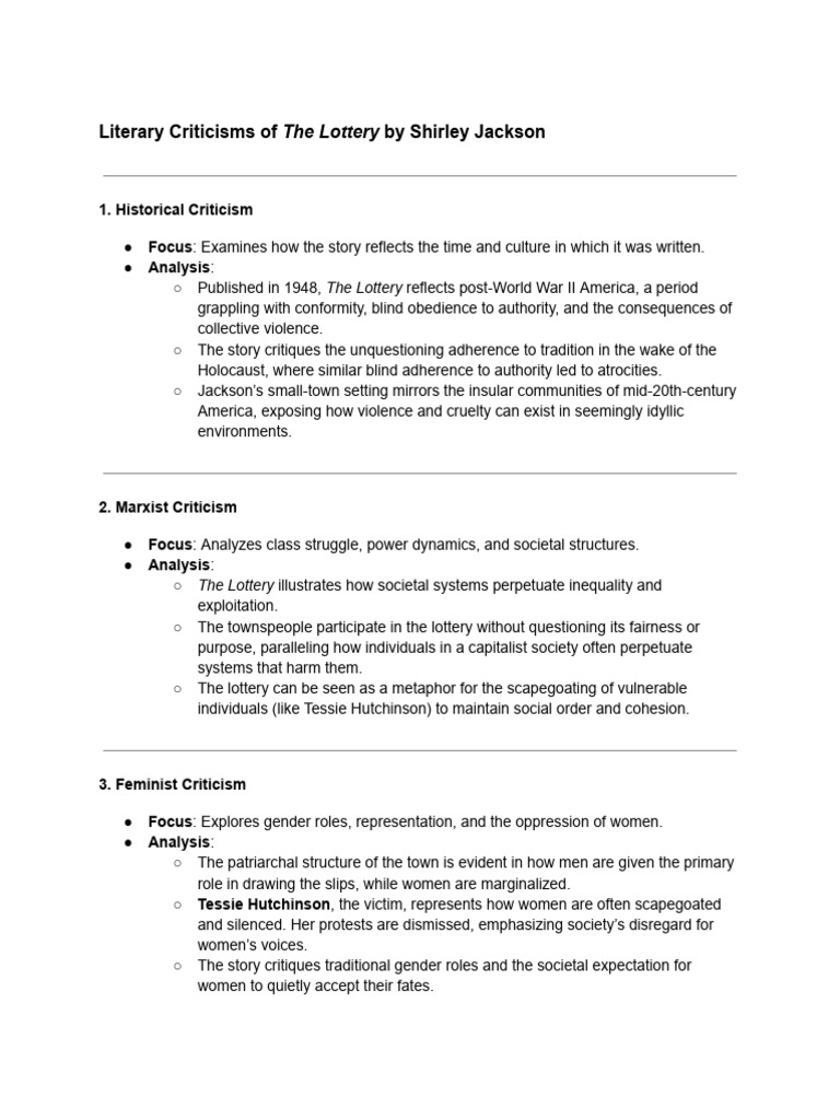 Literary Criticisms of The Lottery by Shirley Jackson | PDF | Gender ...