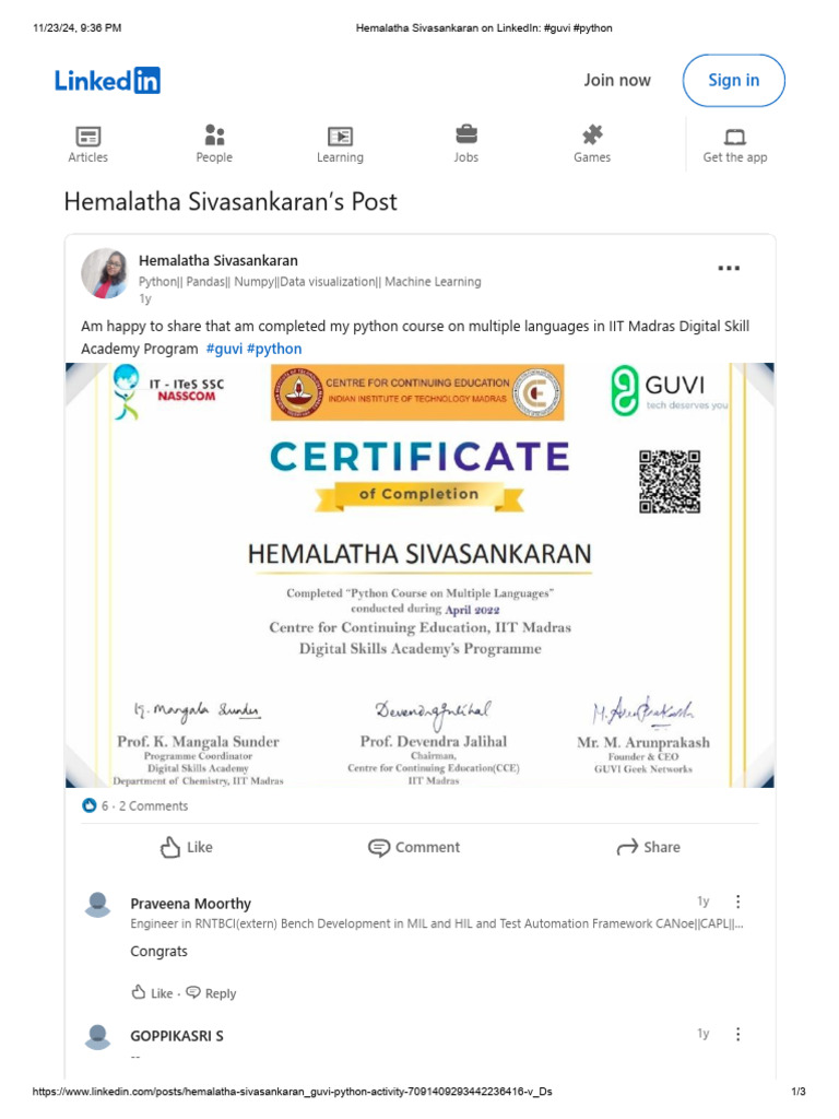 Hemalatha Sivasankaran On LinkedIn - #Guvi #Python | PDF | Linked In ...