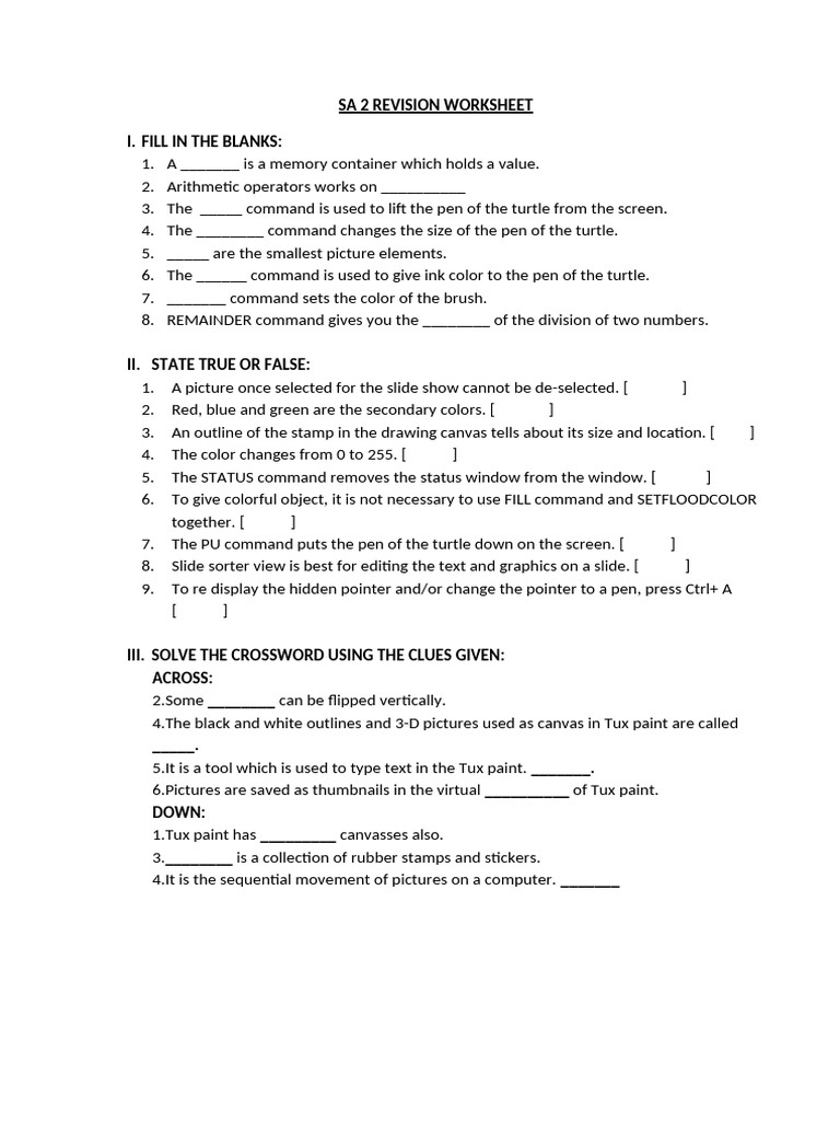 Sa 2 Revision Worksheet Class 4 | PDF | Computing
