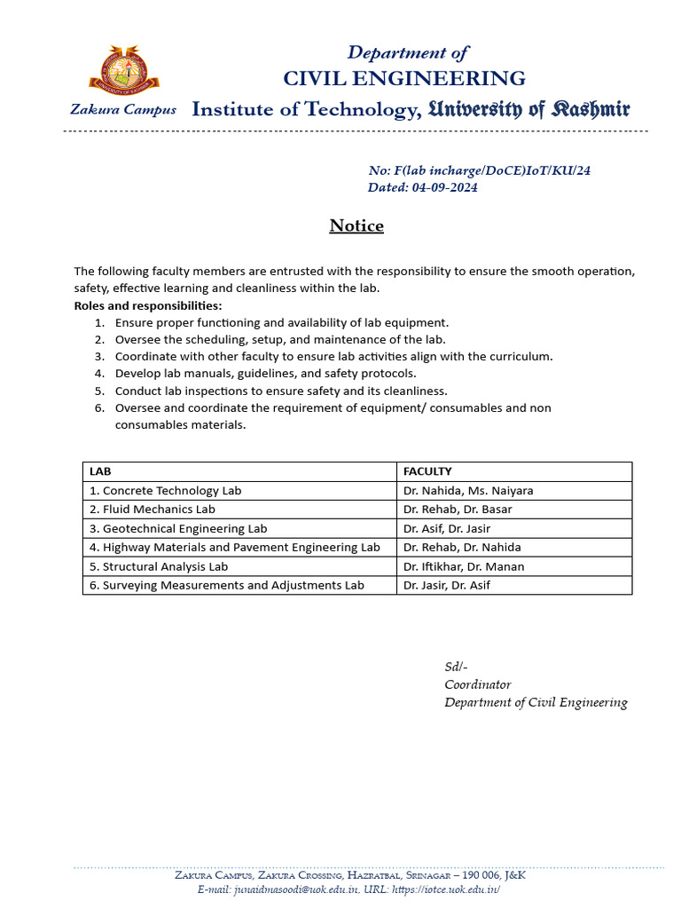 Lab Incharge Notice - Google Docs | PDF | Civil Engineering | Engineering