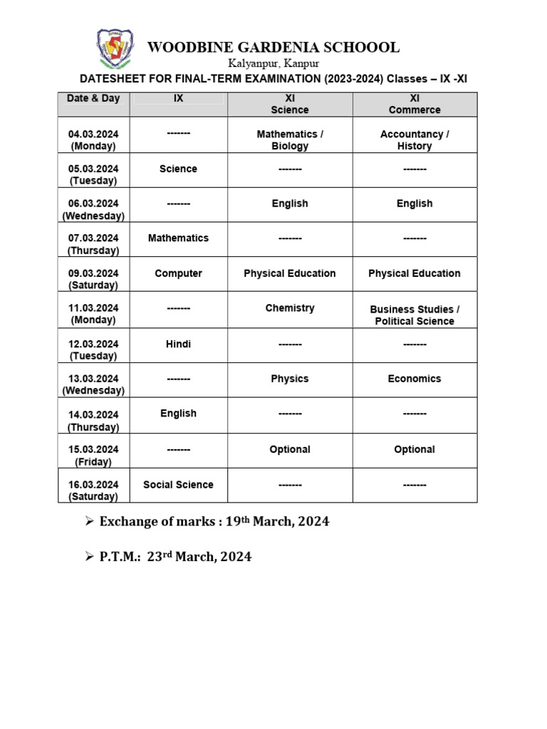 Final Term Date Sheet 2023-24 | PDF