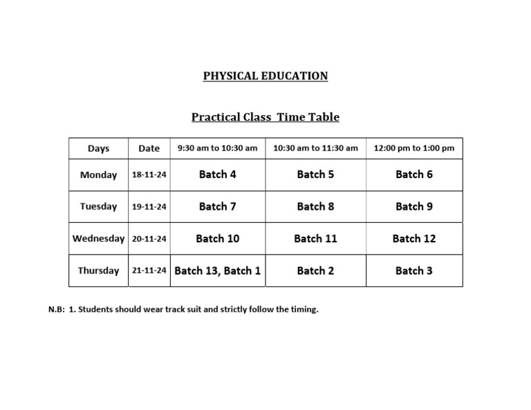 Physical Education Practical Time Table | PDF