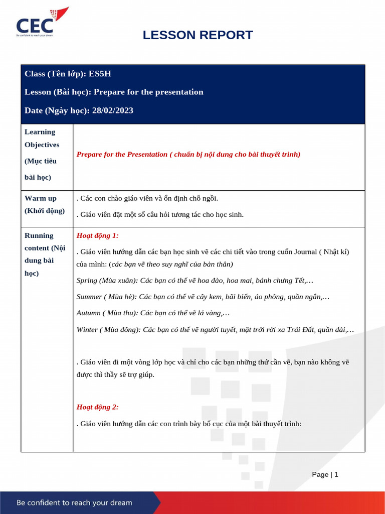28-02-2023 ES5H Lesson Report | PDF