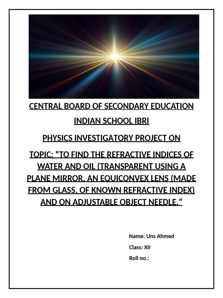 Physics Investigatory Project | PDF | Refractive Index | Refraction