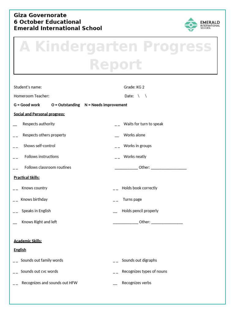 Progress Report English KG2 | PDF | Language Arts & Discipline