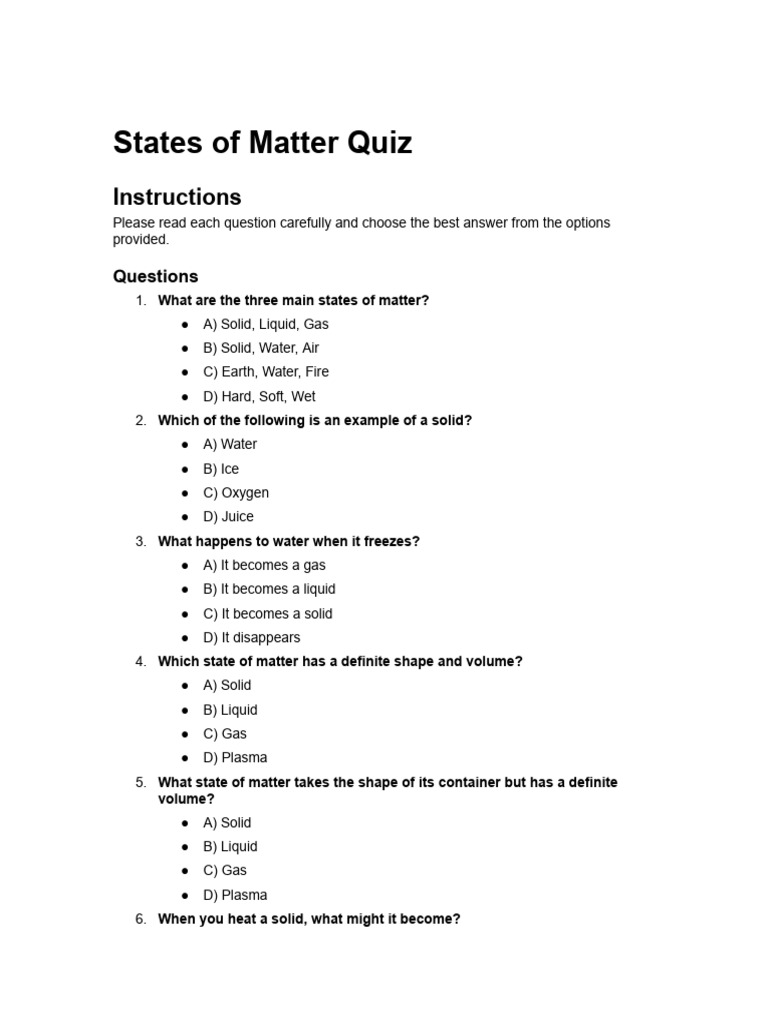 States of Matter Quiz | PDF