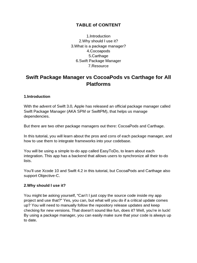 Swift Package Manager Vs CocoaPods Vs Carthage | PDF | Swift ... Swift Package Manager Vs CocoaPods Vs Carthage | PDF | Swift ...