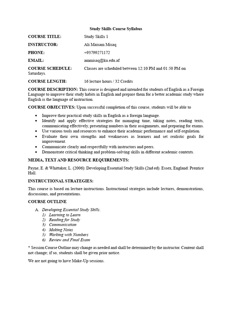 Study Skills Course Syllabus Overview | PDF | Study Skills | Lecture