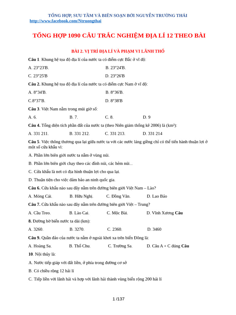 Tong Hop 1090 Trac Nghiem Dia Ly | PDF