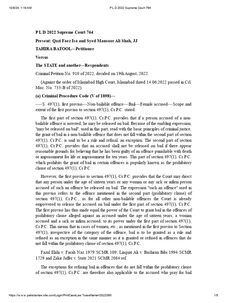 P L D 2022 Supreme Court 764 | PDF | Bail | Practice Of Law