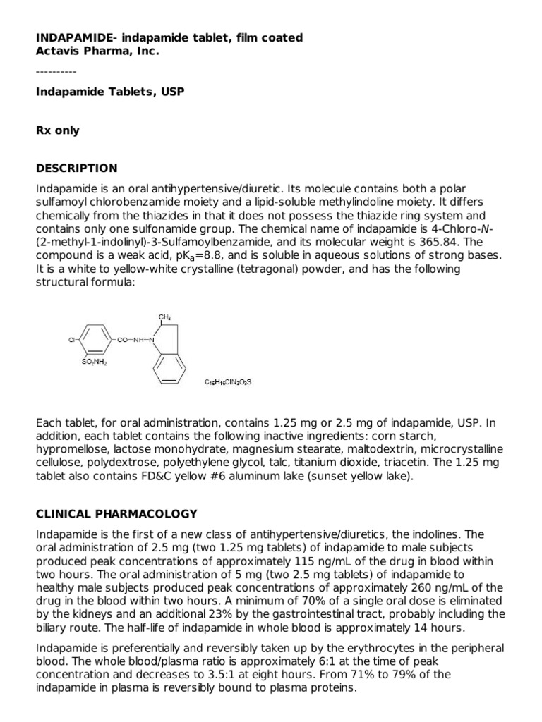 INDAPAMIDE-indapamide Tablet, Film Coated Actavis Pharma, Inc | PDF ...