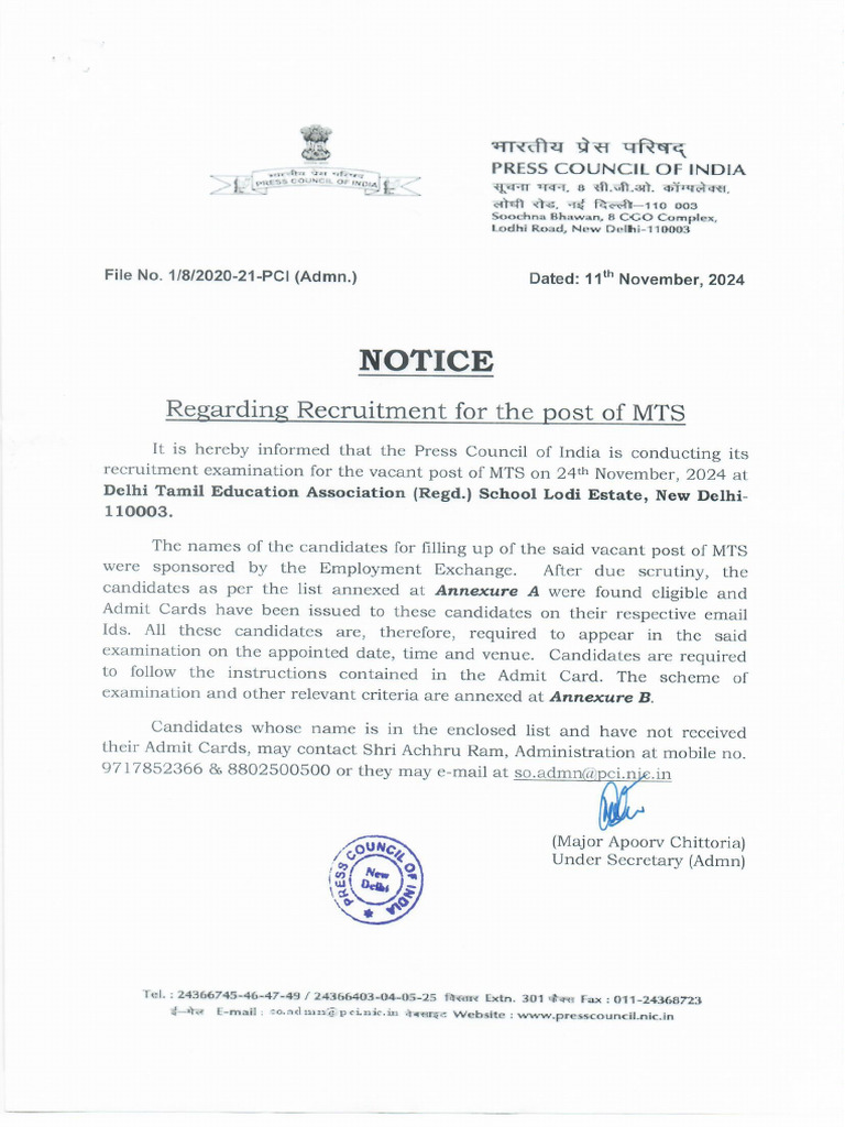 Notice Recruitment Post Mts | PDF