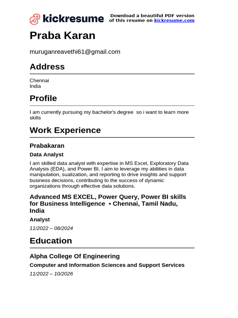 Data Analyst Resume of Praba Karan | PDF | Career & Growth | Business